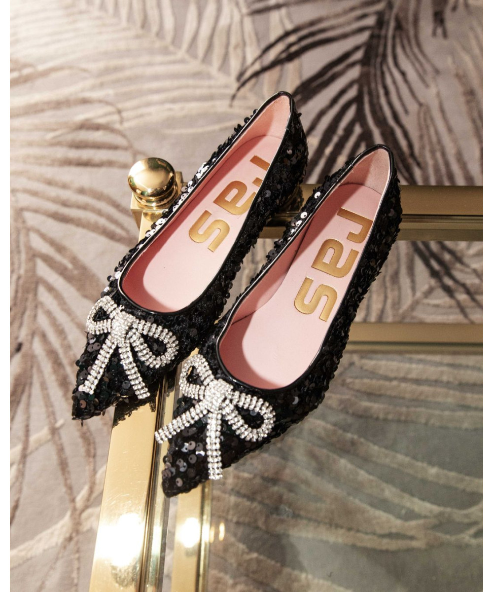 Black Sequins Crystal Embellished Bow Flats