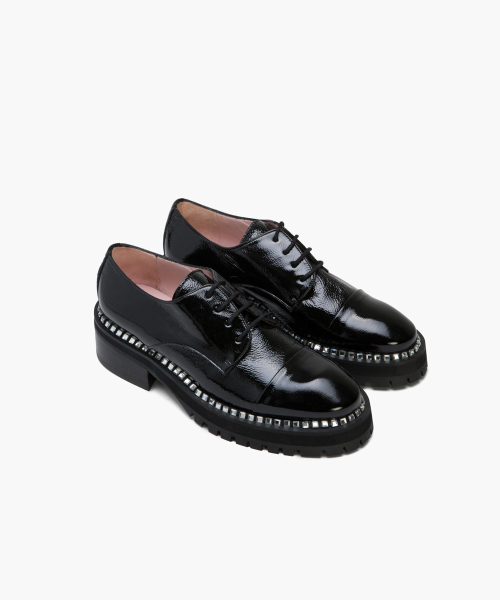 Black Crinkled Patent Leather Crystal Embellished Lace Up Loafers